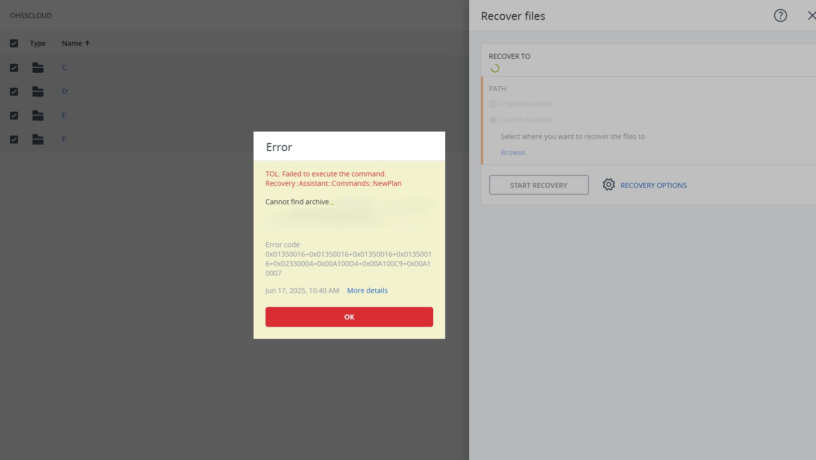 Acronis Cyber Protect Cloud: Backup recovery fails with "Cannot find ...
