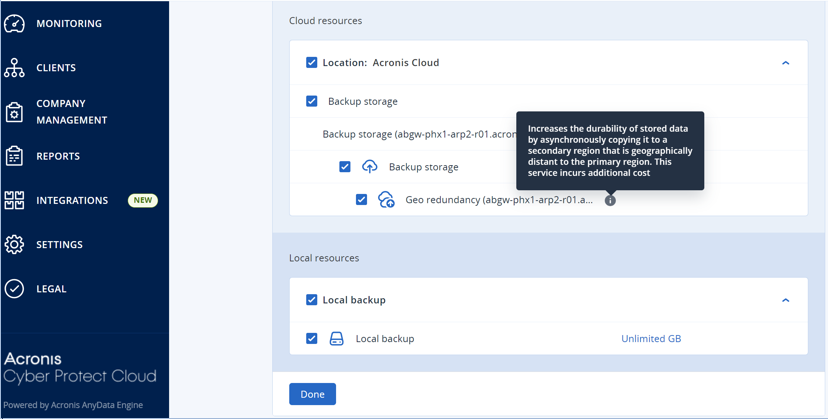 72819: Acronis Cyber Protect Cloud: Geo-redundant cloud storage