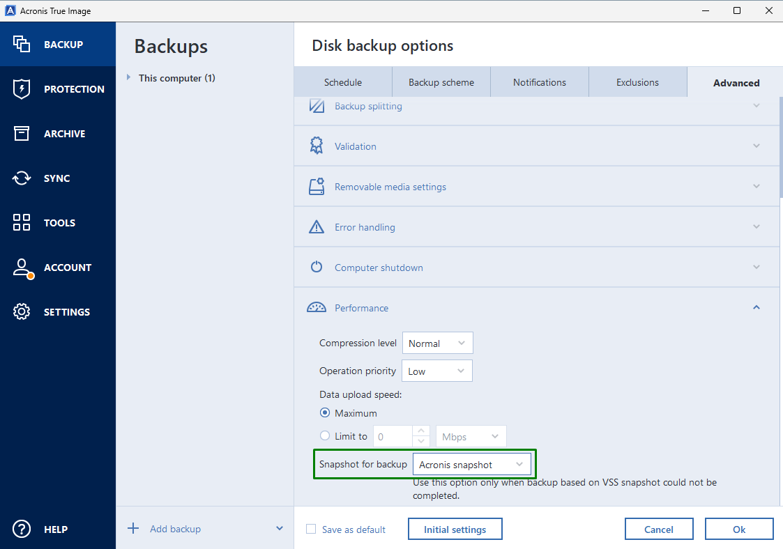 61979: Acronis True Image on Windows: Backup hangs at "Calculating time ...