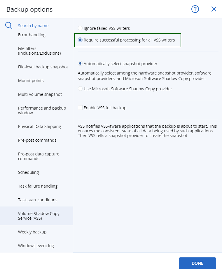 72445: Acronis Cyber Protect: Application backup fails with "Failed to create snapshot because ...