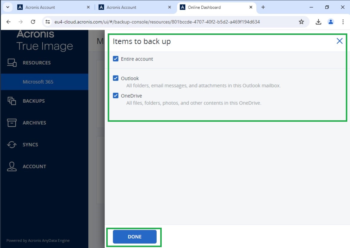 62069: Acronis True Image: How to back up Microsoft 365 accounts