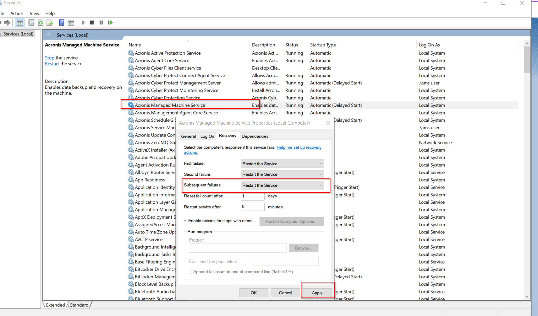 Acronis Cyber Protect: Acronis Managed Machine Service does not start automatically