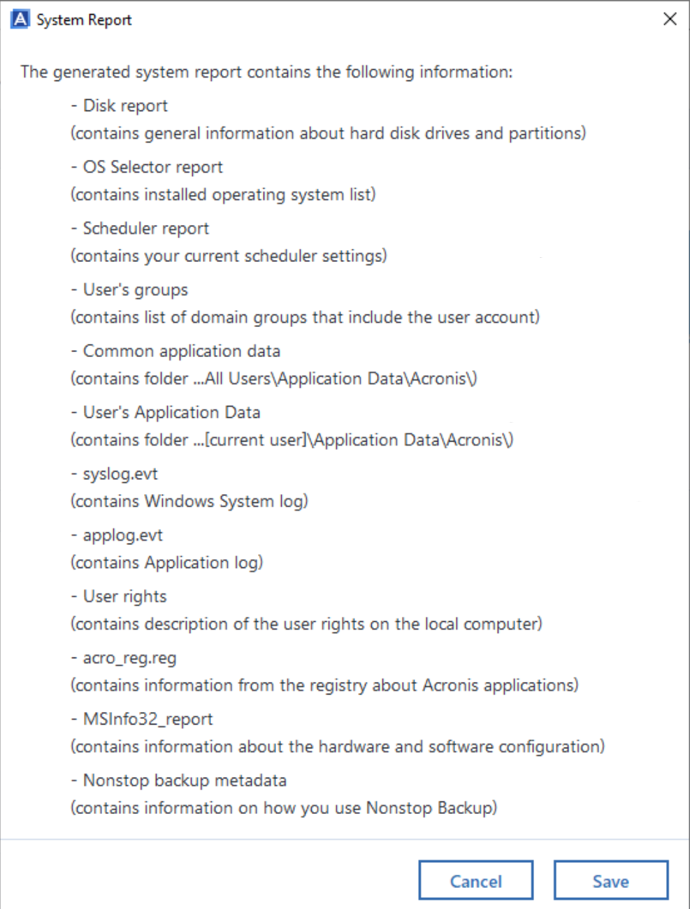 Acronis True Image: Collecting system report on Windows