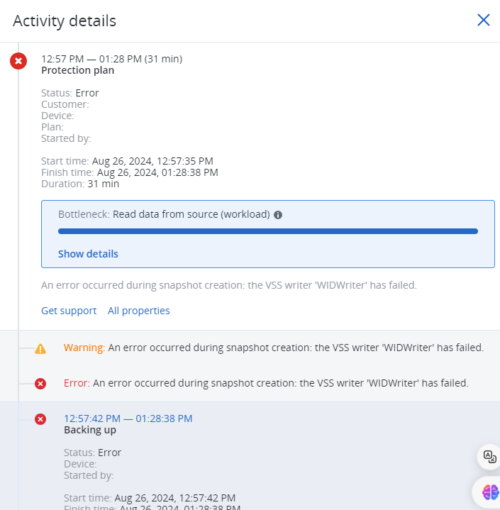 Acronis Cyber Protect: VSS snapshot creation fails due to 3rd party VSS writer timeout