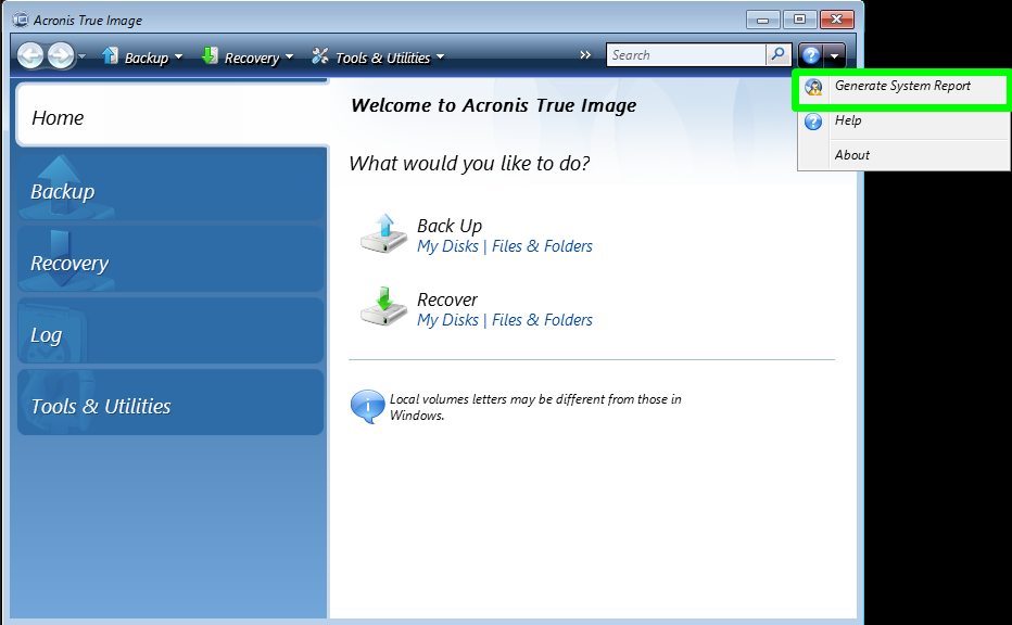 Acronis True Image: Collecting system report