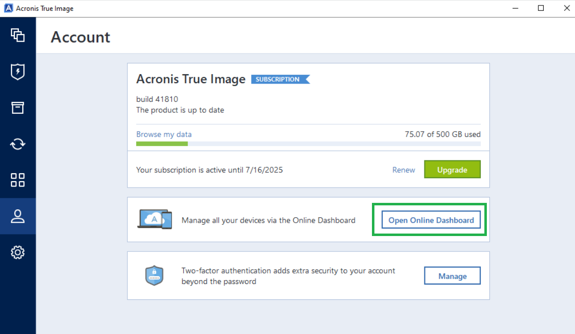 56529: Acronis True Image Cloud: Online Dashboard