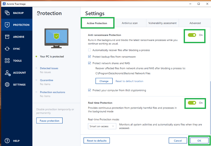 How to configure Acronis True Image protection