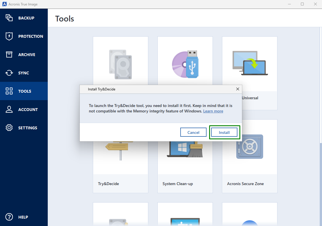70782: Acronis True Image: Compatibility with Memory integrity feature