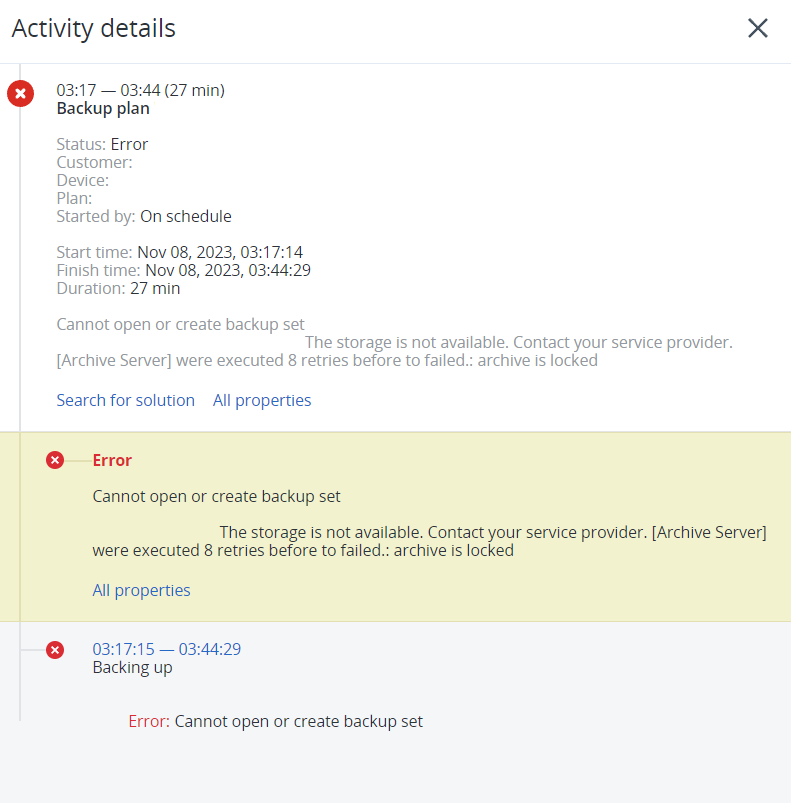 73111: Acronis Cyber Protect Cloud: C2C backup fails with "[Archive Server] were executed 8 ...