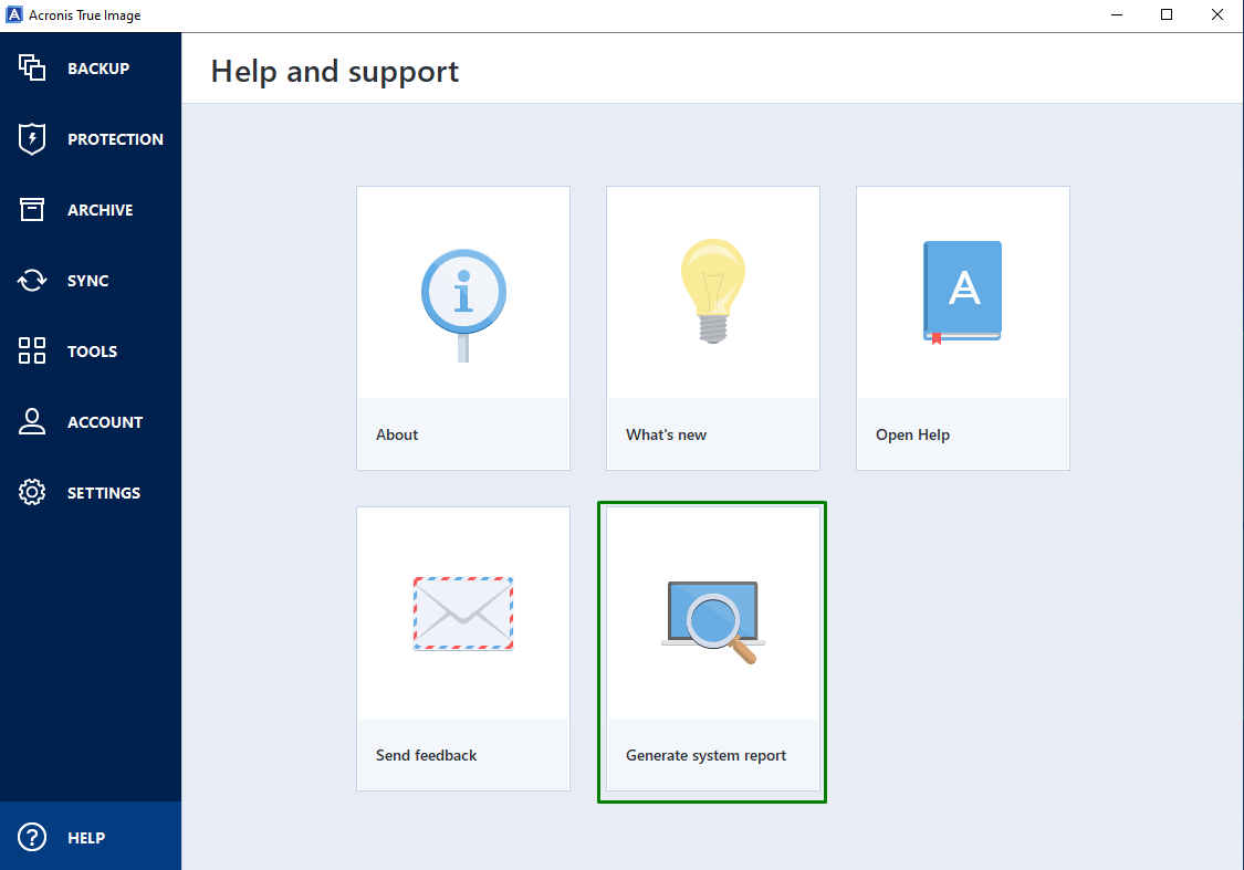 Acronis True Image: Collecting system report