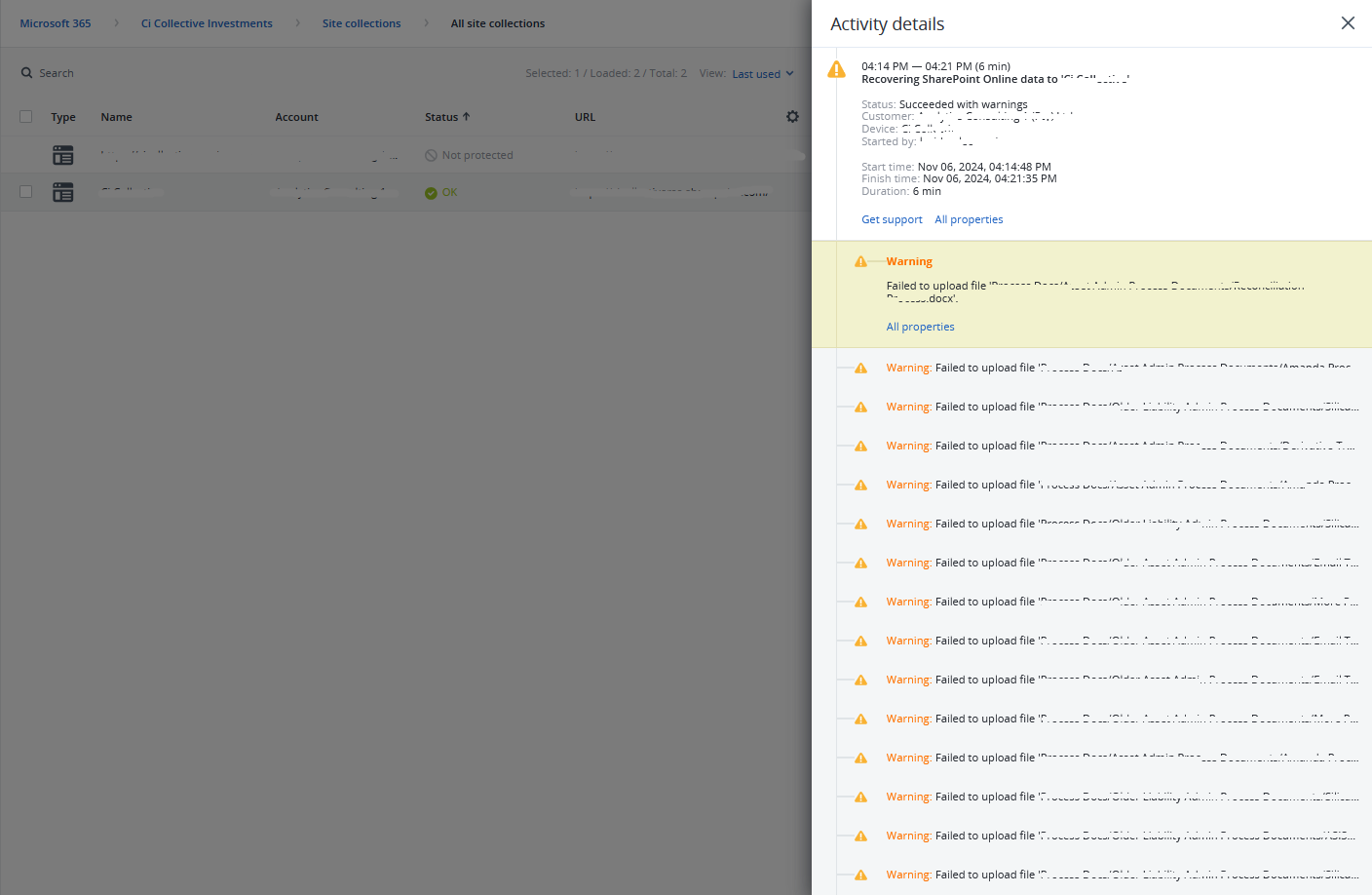 Acronis Cyber Protect Cloud: SharePoint recovery succeeds with warnings ...