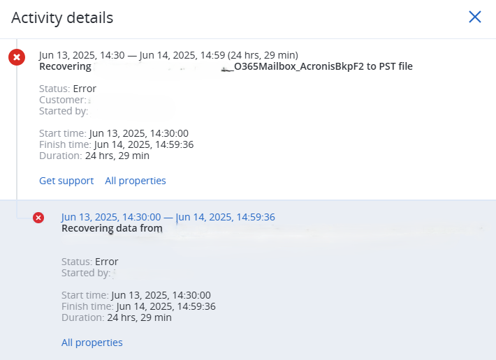 Acronis Cyber Protect Cloud: Mailbox recovery to PST runs slowly and eventually fails without error